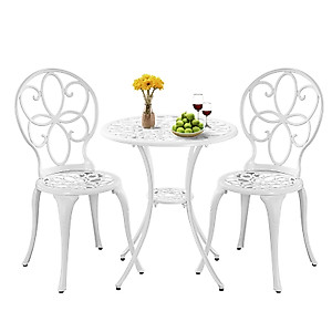 Withniture Outdoor Patio Bistro Set 3 Piece All Weather Bistro Table and Chairs Set of 2 with Umbrella Hole,Cast Aluminum Outdoor White Bistro Set, Patio Furniture Set for Garden,White