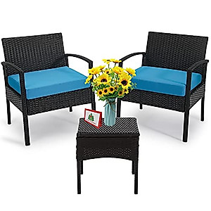 HOMEZILLIONS 3 Piece Patio Set Balcony Furniture Outdoor Patio Conversation Sets Patio Chairs for Patio, Porch, Backyard, Balcony, Poolside and Garden with Coffe Table and Cushions Blue