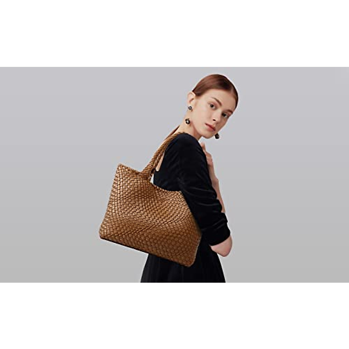 Woven Bag for Women, Fashion Top Handle Shoulder Bag Vegan Leather Shopper Bag Large Travel Tote Bag (Brown)