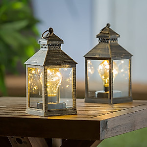 Evergreen Garden Outdoor Décor 8.5"H Battery Operated Twinkling Light Bulb Lantern, Black with Brushed Gold, Set of 2 for Homes Gardens Yards Lawn and Patio