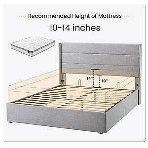 SHA CERLIN Queen Size Lift Up Storage Bed/Modern Wingback Headboard/Upholstered Platform Bed Frame/Hydraulic Storage/No Box Spring Needed/Wood Slats Support/Light Grey