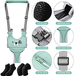 Panitay Handheld Baby Walking Harness Adjustable Toddler Walking Assistant Baby Walker Assistant Belt with 4 Pairs Baby Knee Pads for Crawling 4 Pairs Non Slip Toddler Socks Grips, 7-24 Months Old