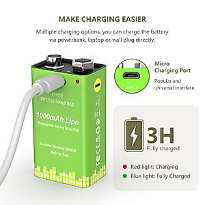 9V Rechargeable Battery Pack,2-Pack 1000mAh Li-ion USB Battery with Micro USB Port for Alarms Fire, Multimeters,Wireless Microphones,Smoke Detectors,Toys,Flashlights,Guitar,Keyboard,Metal detectors