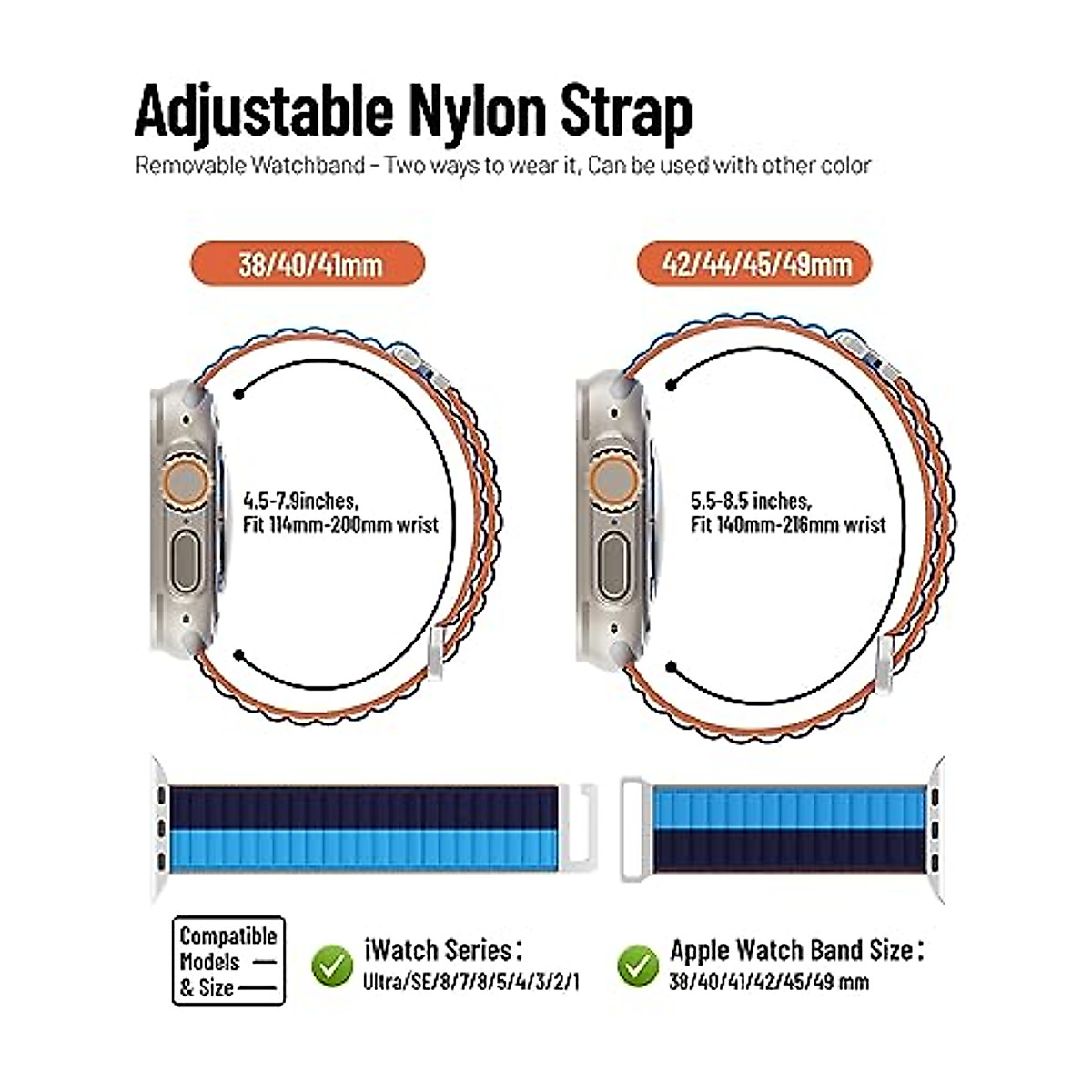 Nhoebwe Upgrade Alpine Loop Nylon Band Compatible with Apple Watch Band 49mm 45mm 44mm 42mm 41mm 40mm 38mm Men Women, Detachable Adjustable Metal C-Hook Strap for iWatch Series