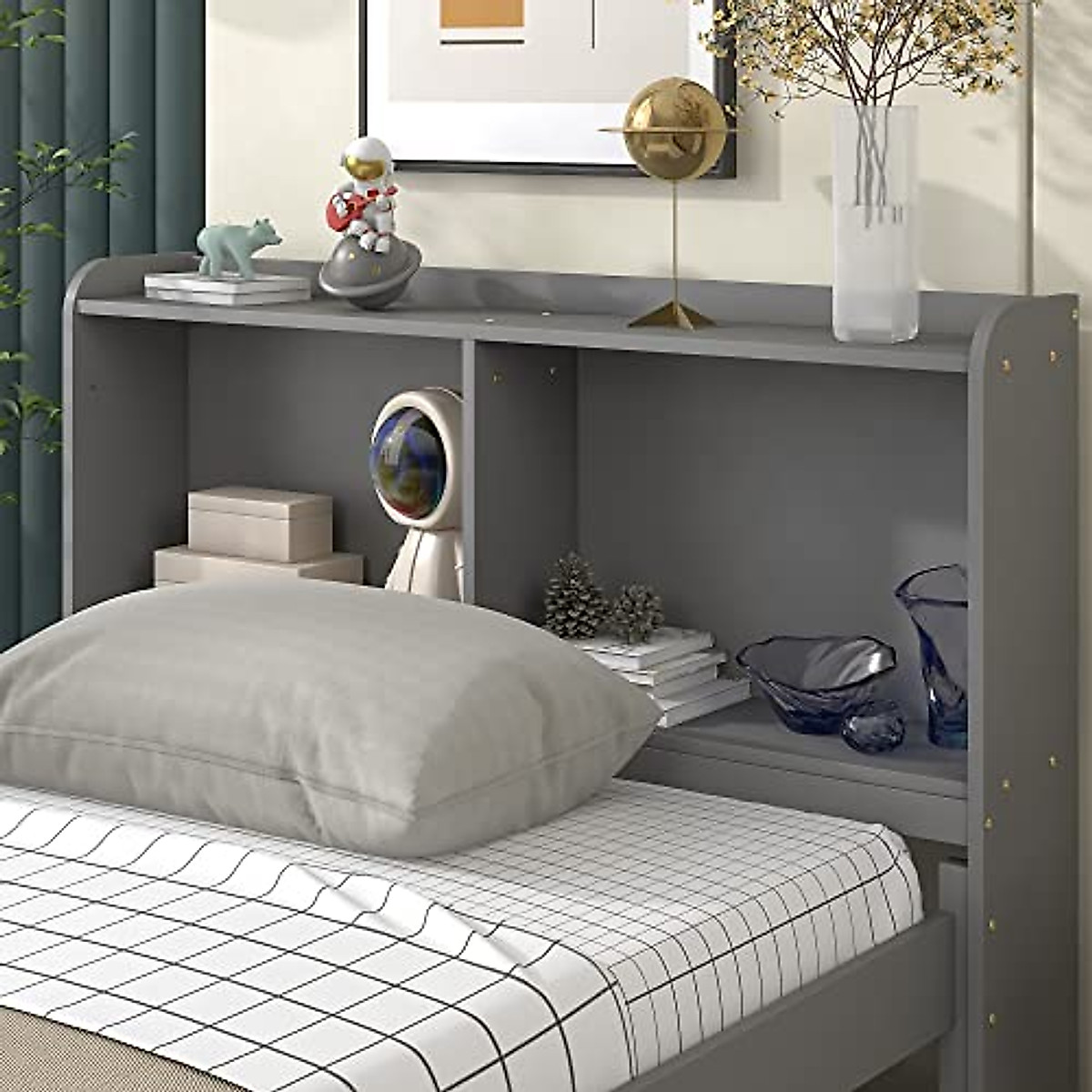 HomSof Twin Bed with Twin Trundle,with Bookcase and 3 Drawers,Grey