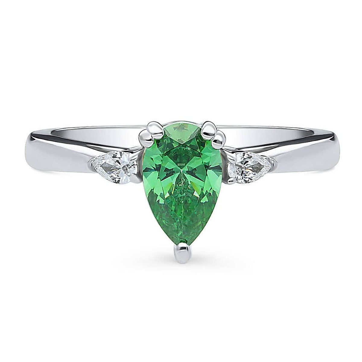 BERRICLE Sterling Silver 3-Stone Green Pear Cut Cubic Zirconia CZ Fashion Anniversary Ring for Women, Rhodium Plated Size 9