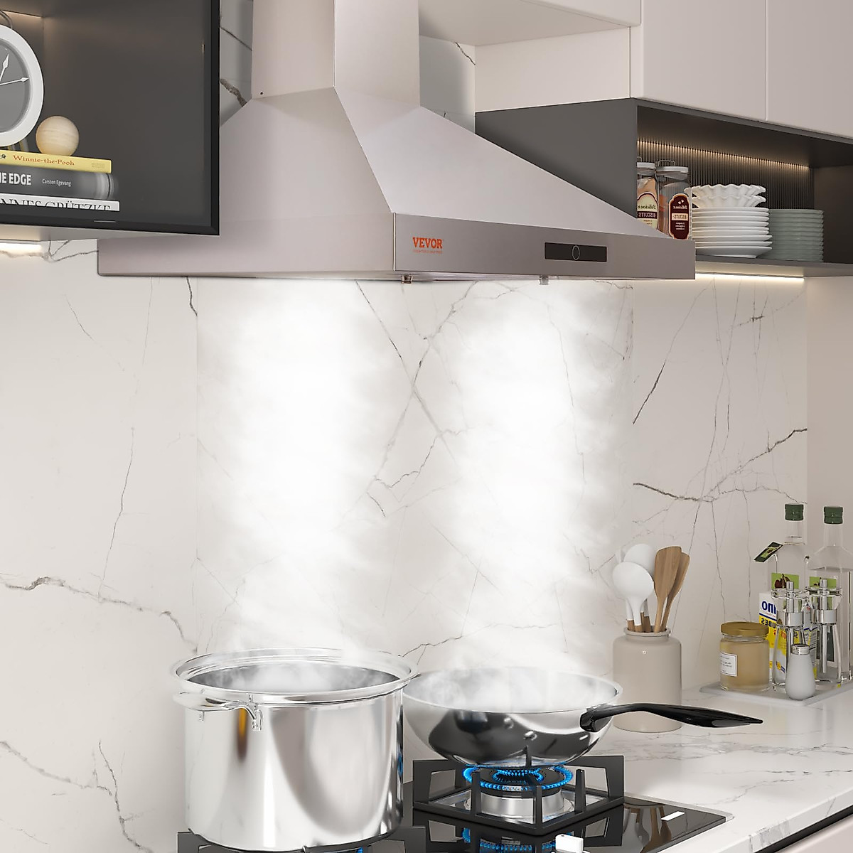 VBENLEM Wall Mount Range Hood, Ductless Chimney-Style Kitchen Stove Vent, Stainless Steel Permanent Filter with 3-Speed Exhaust Fan, 2 Baffle Filters, LED Lights, Touch Control Panel (30 inch)