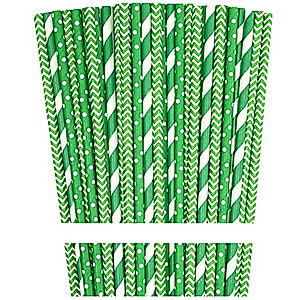 Green and White Paper Straws - Stripe Chevron Polka Dot - Birthday Christmas St Patrick's Day Supply - 100 Pack Outside the Box Papers
