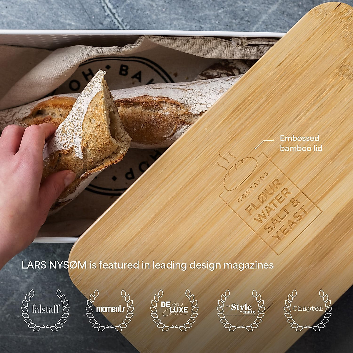 LARS NYSØM Bread Box I Bread Bin with Linen Bread Bag for Long-Lasting Freshness I Bread Box with Bamboo Lid Usable as Cutting Board I 13.4x7.3x5.3 in