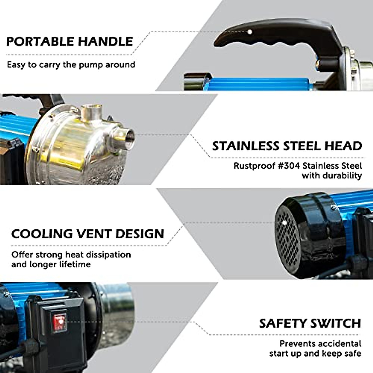 FLUENTPOWER 1.5HP Portable Sprinkler Booster Pump, Stainless Steel Shallow Well Pump 1200GPH, Water Pressure Transfer Pump for Home Garden Lawn Irrigation