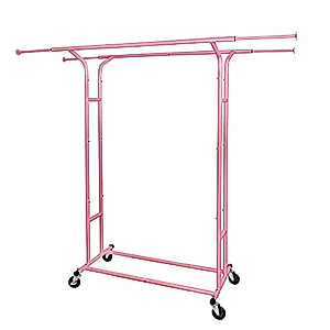 Fishat Pink Heavy Duty Double Rod Garment Rack & Laundry Hamper Butler Cart Basket