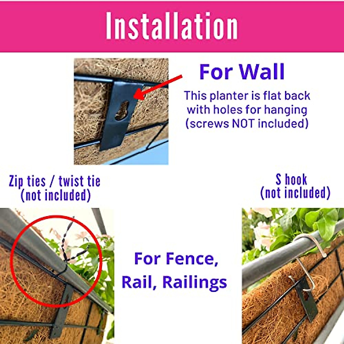 LaLaGreen Wall Hanging Planters - 2 Pack, 30 Inch Deck Railing Hanging Pot, Over the Rail Flower Boxes Black Window Plant Basket Attach to House Outdoor with Coco Liner Metal Fence Balcony Patio Porch