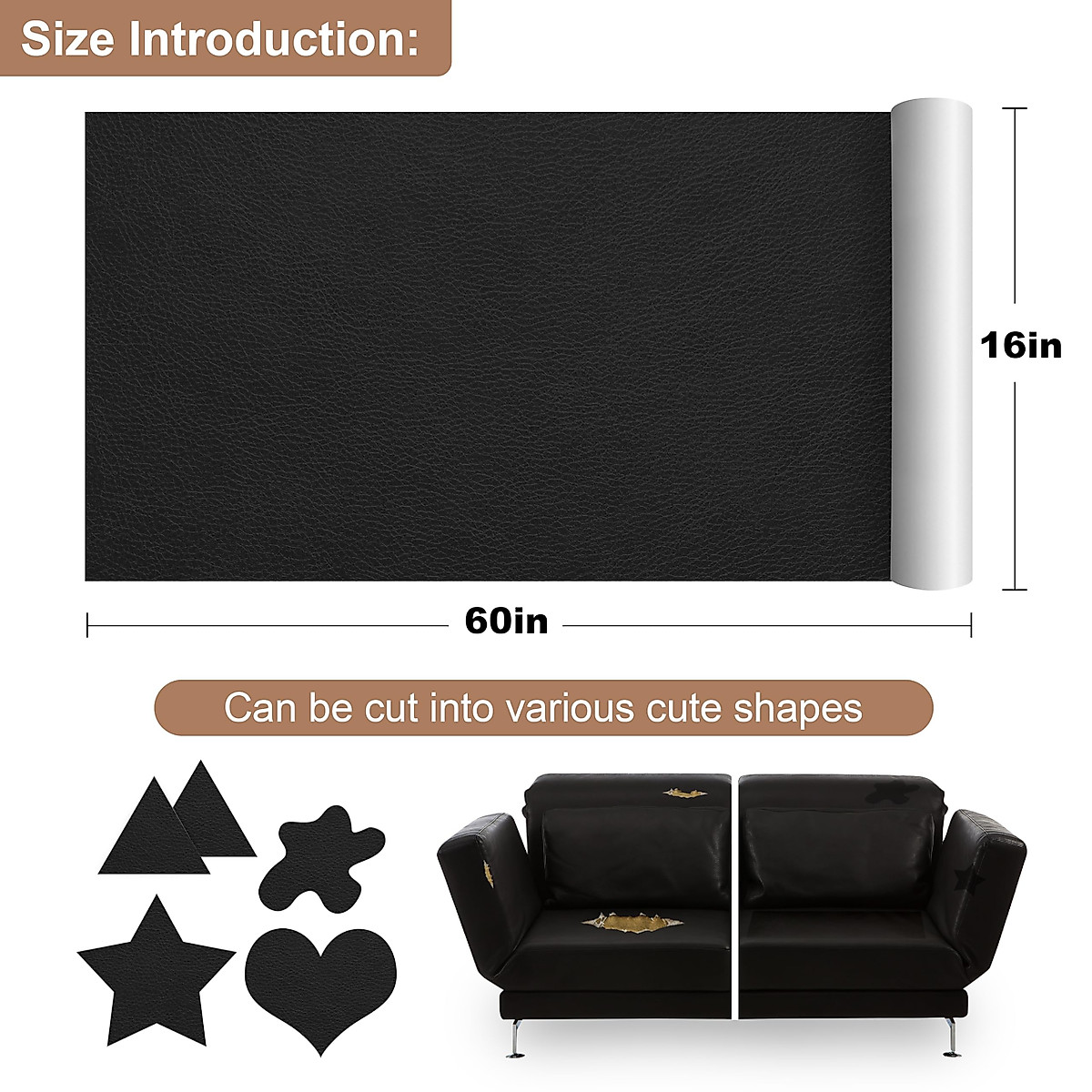 ONine Leather Repair Patch, Self-Adhesive Couch Patch, Multicolor Available Scratch Leather 16X60 Inch Peel and Stick for Sofas, Car Seats (Ink Black)