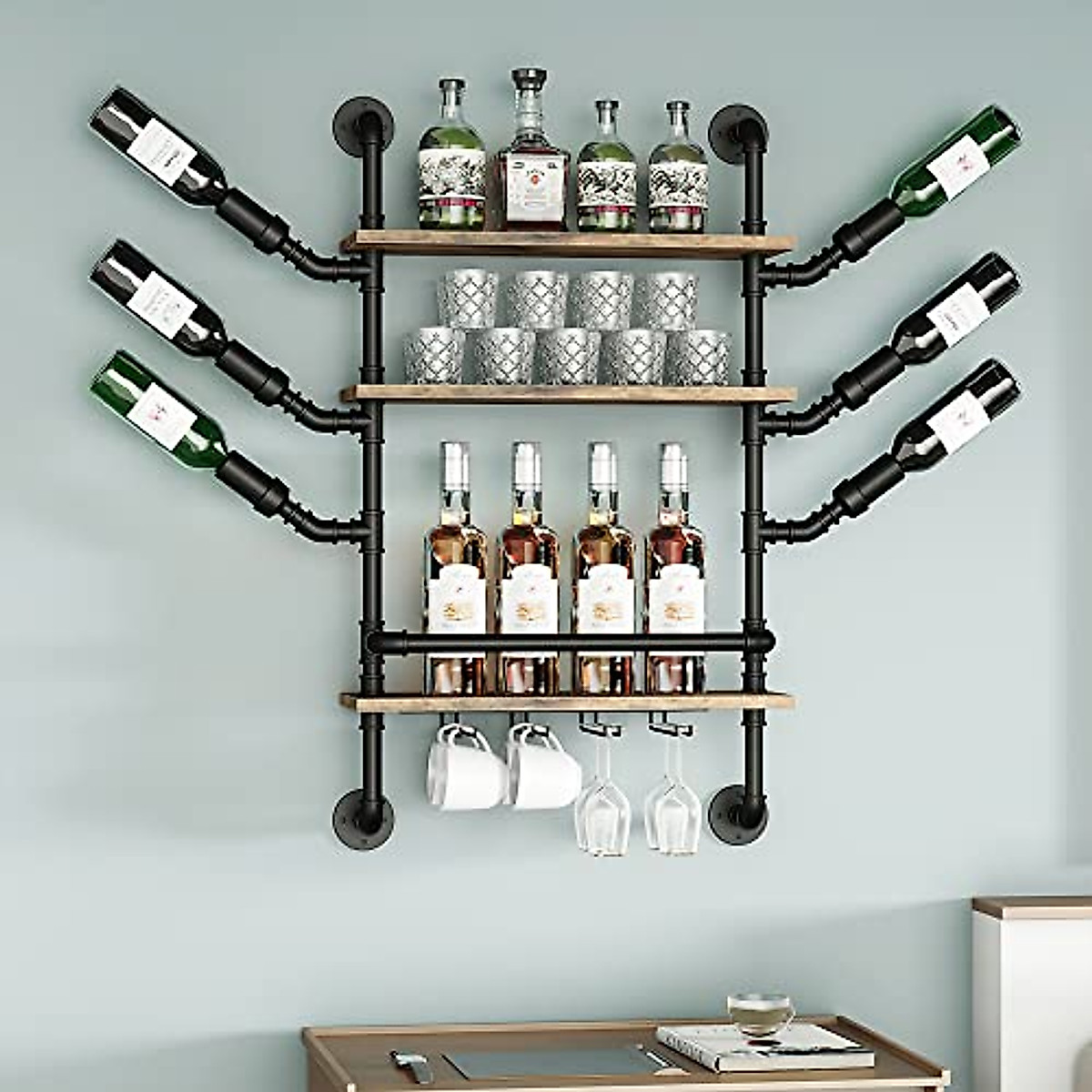 MAIKAILUN Wine Rack Wall Mounted with 4 Stem Glass Holder, Industrial Bar Shelves 34in Metal Hanging Stemware Mugs Rack, Floating Pipe Shelf, Living Room Kitchen Decor Display Wood Rack Black