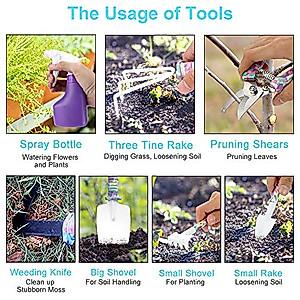 Jhua Garden Tool Set, 10 Pieces Gardening Tools Kit with Purple Flower Print, Ergonomic Handle Trowel Rake Weeder Pruner Shears Sprayer, Garden Hand Tools with Carrying Case Gardening Gifts for Women