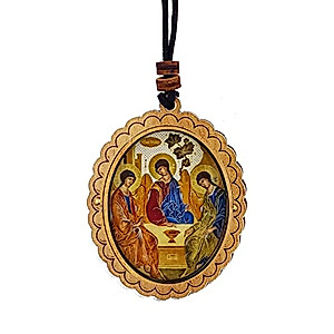 Holy Trinity - Car Room Icon Pendant 2 1/2 Inch Diam - On Rope Total Length 7 1/4 Inch