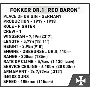 COBI Historical Collection: The Great War Fokker DR.1 Red Baron Plane,7+ years,178 pcs