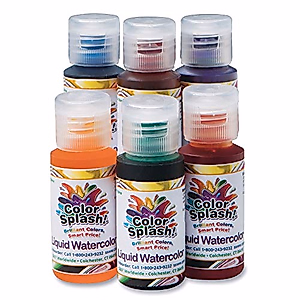 S&S Worldwide Color Splash! Liquid Watercolor Paint, 6 Vivid Colors, 1-oz Drip-Dispense Bottles, For All Watercolor Painting, Use to Tint Slime, Clay, Glue, Shaving Cream, Non-Toxic. Pack of 6.