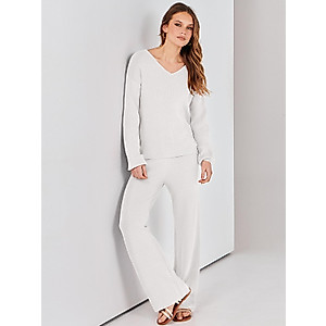 ANRABESS Women 2 Piece Outfits Sweater Lounge Sets Long Sleeve Cable Knit Pullover and Wide Leg Pants Tracksuit Matching Set White Large