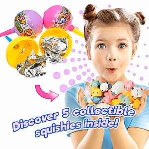 JA-RU Lollipop with 5 Surprise Squishy Toy Inside (1 Mystery Lollipop) Squish Yum Mochi Kids Mini Squishies Animals Stress Toys Easter Basket Stuffers Fidget Toys Party Favors. 3336-1