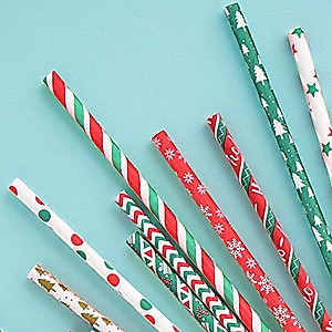 250 Pieces Christmas Paper Straws, 10 Patterns Disposable Mixed Stripe Holiday Paper Straws for Christmas Party Favors