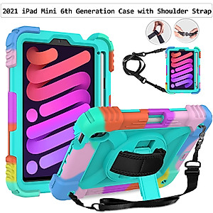 LTROP iPad Mini 6 Case 2021, iPad Mini 6th Generation Case for Kids, Heavy Duty Shockproof Cover with Pencil Holder/360 Rotating Stand/Hand Strap for iPad Mini 6th Generation 8.3 Inch 2021, Aqua Teal