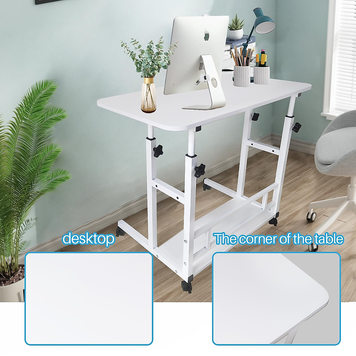 BEFOCL 31.5 Inches Mobile Home Office Desk, Adjustable Height Computer Desk, Double Support Bar Reinforced Design Single Small Desk,Children's Study Table(31.5in, White)