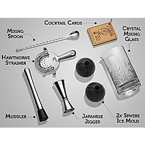 Mixology & Craft Cocktail Set - 7-Piece Bartender Kit - Mixing Glass Set Includes Crystal Stirring Glass (24oz), Japanese Jigger, Spoon, Muddler and Strainer - Bar Accessories and Tools