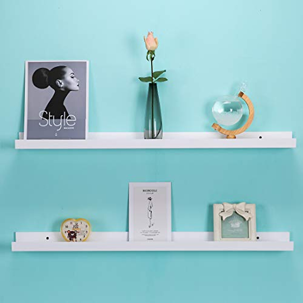 AZSKY 48 Inch Long Floating Bookshelves White Set of 2 Wall Picture Shelf Pine Floating Shelves Photo Frames Narrow Picture Ledge Mounting Hardware Included