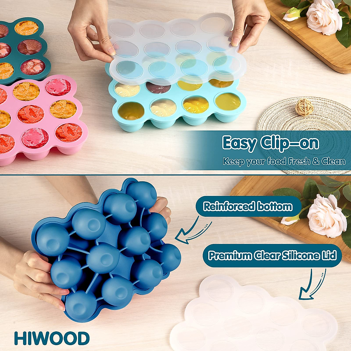 HIWOOD Baby Food Storage Container -12 x 1.5OZ Silicone Baby Food Freezer Tray with Silicone Lid, Baby Food Freezer Containers for Homemade Baby Food, Vegetables & Fruit Purees - Midnight Blue
