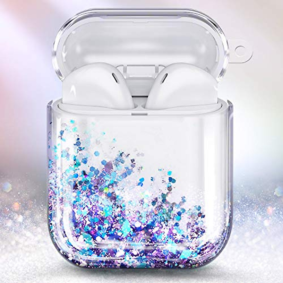 E-Began Glitter Liquid Case Designed for Airpods, Sparkle Flowing Floating Durable Girls Cute Clear Hard Cover Carrying Case Compatiable with Apple AirPods 1st/2nd -Purple/Blue