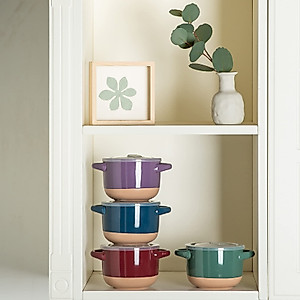 AmorArc 24 Ounces Soup Bowls with Large Handles and Lids, Stoneware Bowls Set of 2 for Soup, Cereal, Stew, Noodle, Colourful Ceramic Kitchen Bowls, Microwave&Dishwasher Safe, Blue&Red