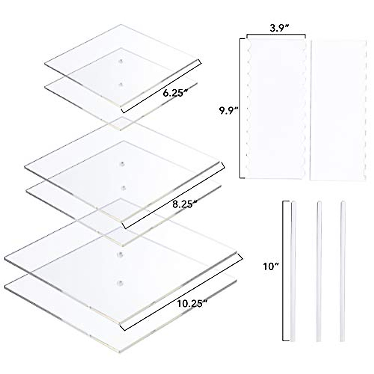 AQUIVER Acrylic Square Cake Disk Set - Cake Discs Circle Base Boards with Center Hole - 2 Comb Scrapers (4 Patterns) & 3 Dowel Rod - 6.25", 8.25", 10.25", 2 of Each Size - Supplies for 3 Tier Cakes
