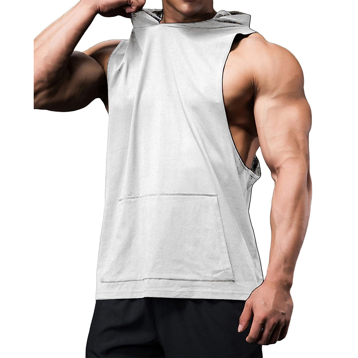Men's Hooded Tank Tops Gym Workout Training Hoodies Sleeveless Bodybuildng Muscle Cut Off T-Shirt with Pocket 02 White M