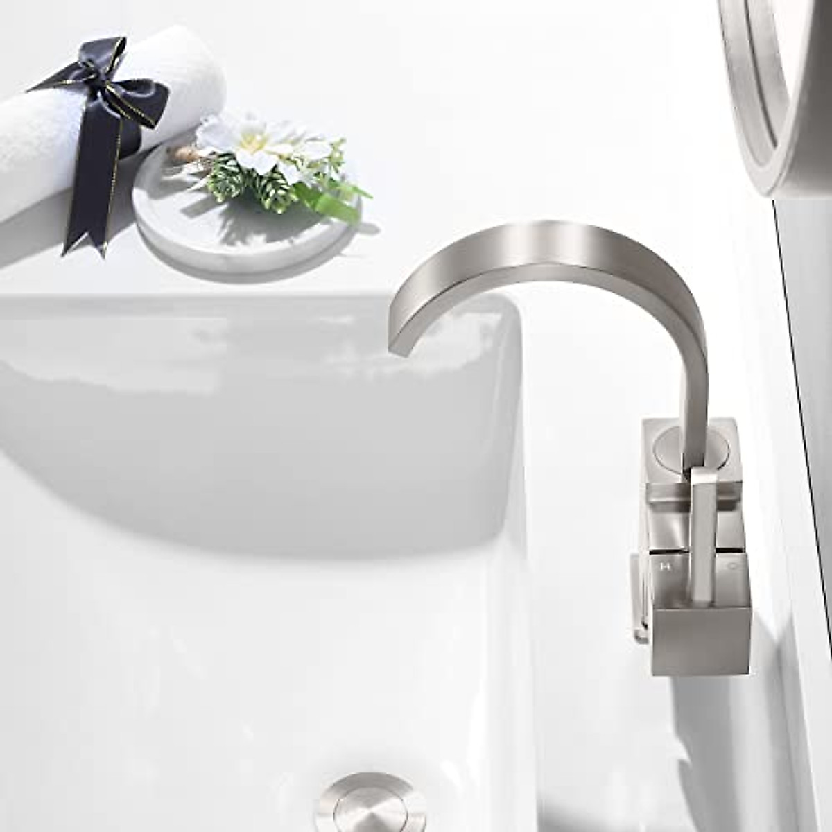 Brushed Nickel Single Hole Bathroom Faucet, Waterfall Single Handle RV Bathroom Faucet Fit for 1 or 3 Hole, with Deck Plate, Swivel 360 Degree Spout, Pop Up Drain and Water Supply Line, SGF05-BN