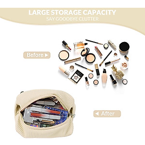 BAKLUCK Travel Makeup Bag Double Layer Large Capacity Makeup bag for Women, Cream PU Leather Toast Makeup Bag with Makeup Brush Compartment, Makeup Bag for Girls Travel Portable Beige Makeup Bag