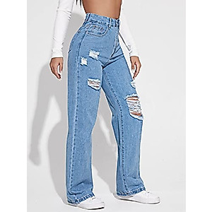 SweatyRocks Women's High Waisted Ripped Boyfriend Jeans Distressed Denim Pants with Pockets Light Wash M