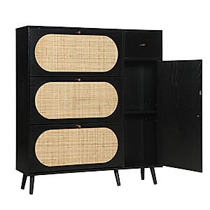 SSLine Shoe Cabinet with 3 Flip Down Storage Shelves Free-Standing Wide Shoe Rack Modern Black Wood Shoe Storage Cabinet Organizer with Rattan Decor,Drawer& Side Cupboard for Entryway Hallway Doorway