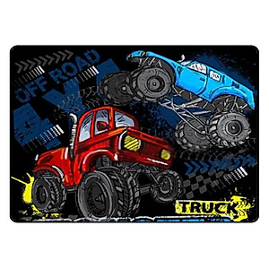 Kuizee Area Rug Blue Monster Truck Boy Rectangle Oversize Doormat Coral Fleece Living Room Parlour Bedroom Home Fashion Decor Carpet,5'x3'3"