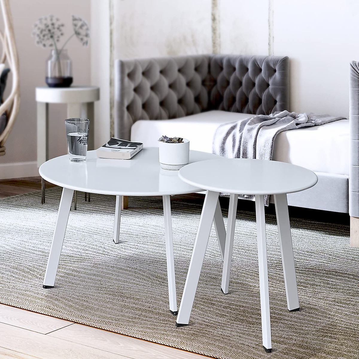 Meluvici Patio Coffee Table Set of 2, Weather Resistant Outdoor Round End Table, Nesting Tables for Living Room Balcony Office, White