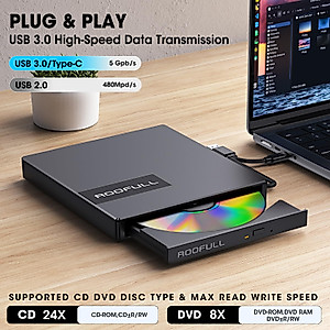 ROOFULL External CD DVD Drive USB 3.0 USB-C with 4*USB Ports and SD/TF Card Slot, Portable CD DVD Player Burner Optical Disc ROM/RW Reader Writer for Laptop PC Apple Mac Windows 11/10 Linux Computer