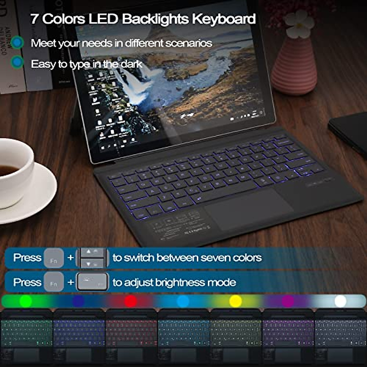Qulose Surface Pro Keyboard Case, 7 Color Backlight Detachable Keyboard with Trackpad, Case with Keyboard for Microsoft Surface Pro 7+/ 7/6 / 5/4 / 3 Tablet - Grey