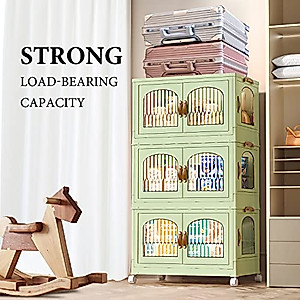 EHAMILY Stackable Storage Bins with 1 Lid Set 3 Tier,8.4 Gal Clear Plastic Folding Storage Box with Wheel and Door,Large Foldable Cabinet Collapsible Bin for Closet Organizer,Clothes,Green