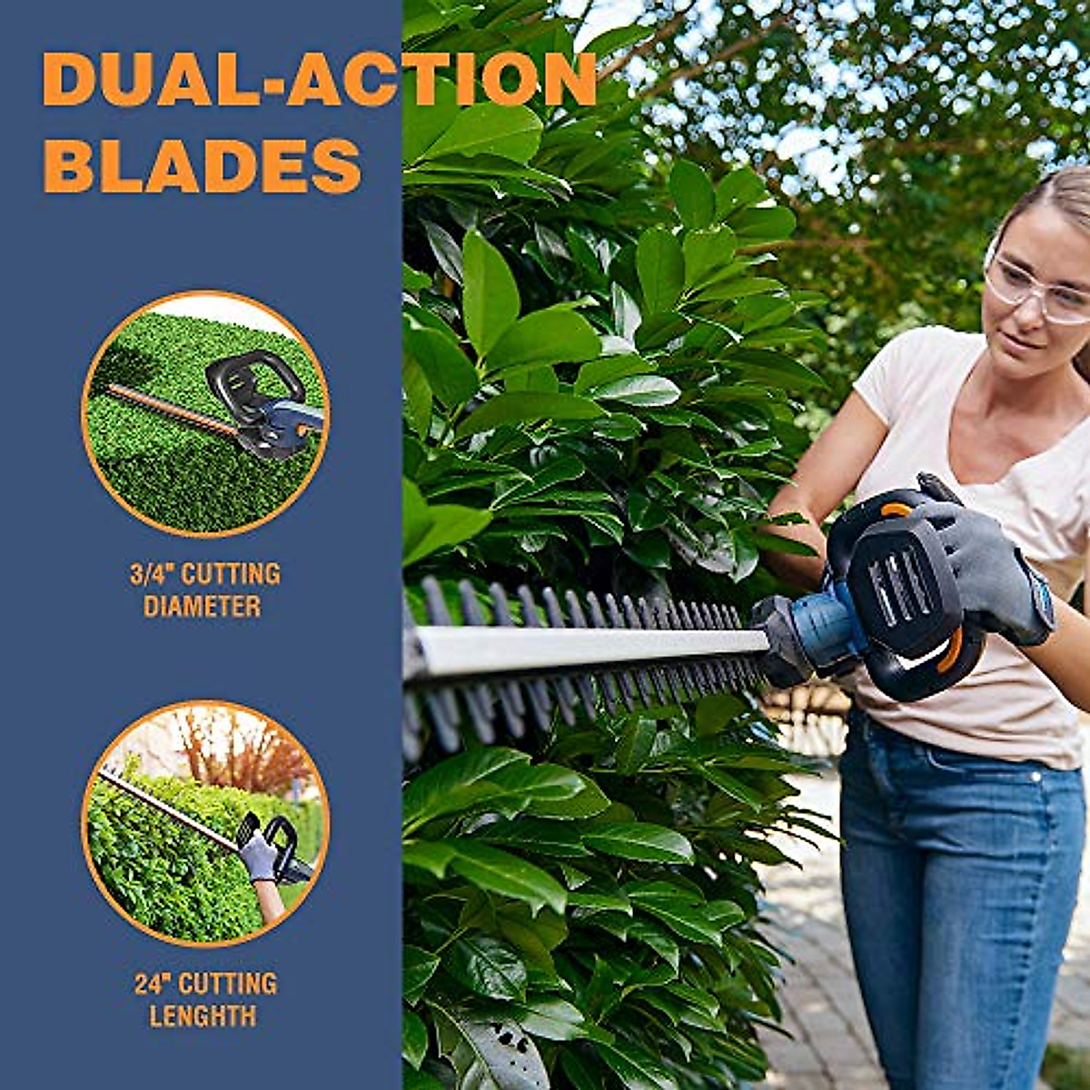 BLUE RIDGE BR8260U Cordless Hedge Trimmer, with Battery and Charger,40V 2.0Ah 24 Inch Blade Length, 3/4-Inch Cutting Thickness, Dual Action Laser Blade