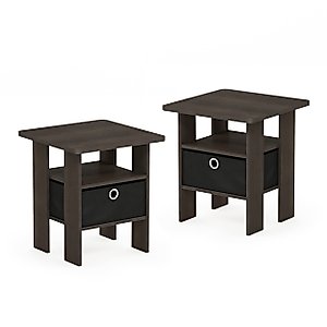 Furinno Andrey Set of 2 End Table / Side Table / Night Stand / Bedside Table with Bin Drawer, Dark Brown/Black