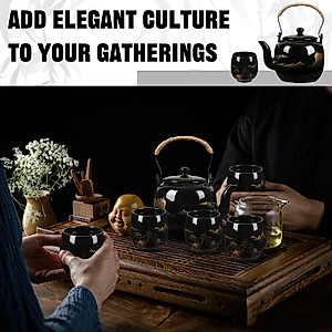 Hushee Japanese Tea Set in Gift Box Asian Tea Set Magic Teapot with 1 Teapot, 6 Tea Cups, 1 Tea Tray, 1 Stainless Infuser, Black Ceramic Chinese Porcelain Tea Set Gift for Tea Adult Lover Office Home