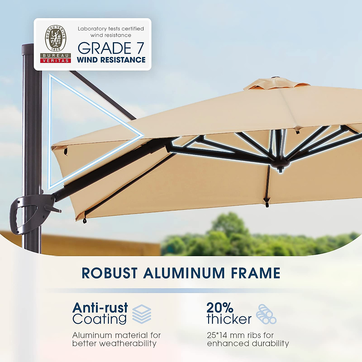 BLUU REDWOOD 10 FT Square Patio Umbrella Offset Cantilever Outdoor Umbrella Aluminum Market Hanging Umbrellas with 360° Rotation Device and Unlimited Tilting System & Cross Base (Beige)