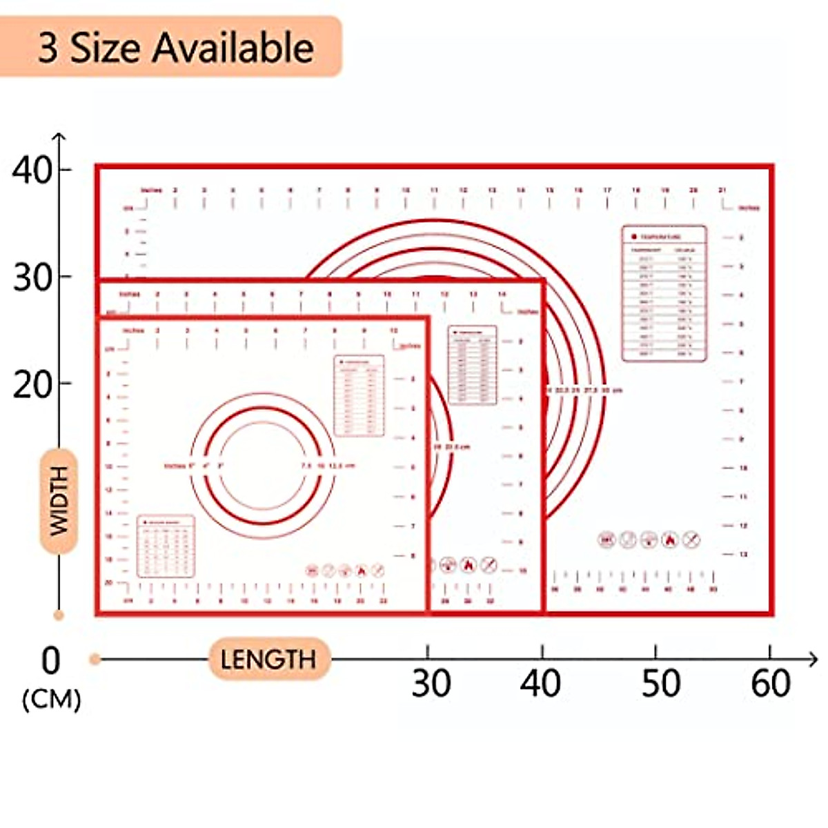 Extra Large Pastry Mat with Measurements 3 Size - 11 Inch, 16 Inch, 24 Inch, Nonstick Silicone Baking Fondant Measuring Pad for Rolling Dough Pie Crust, Pizza and Cookies