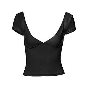 SOFIA'S CHOICE Women's Sexy Deep V Neck Backless Tops Short Sleeve Corset Crop Top T Shirts Black X-Large