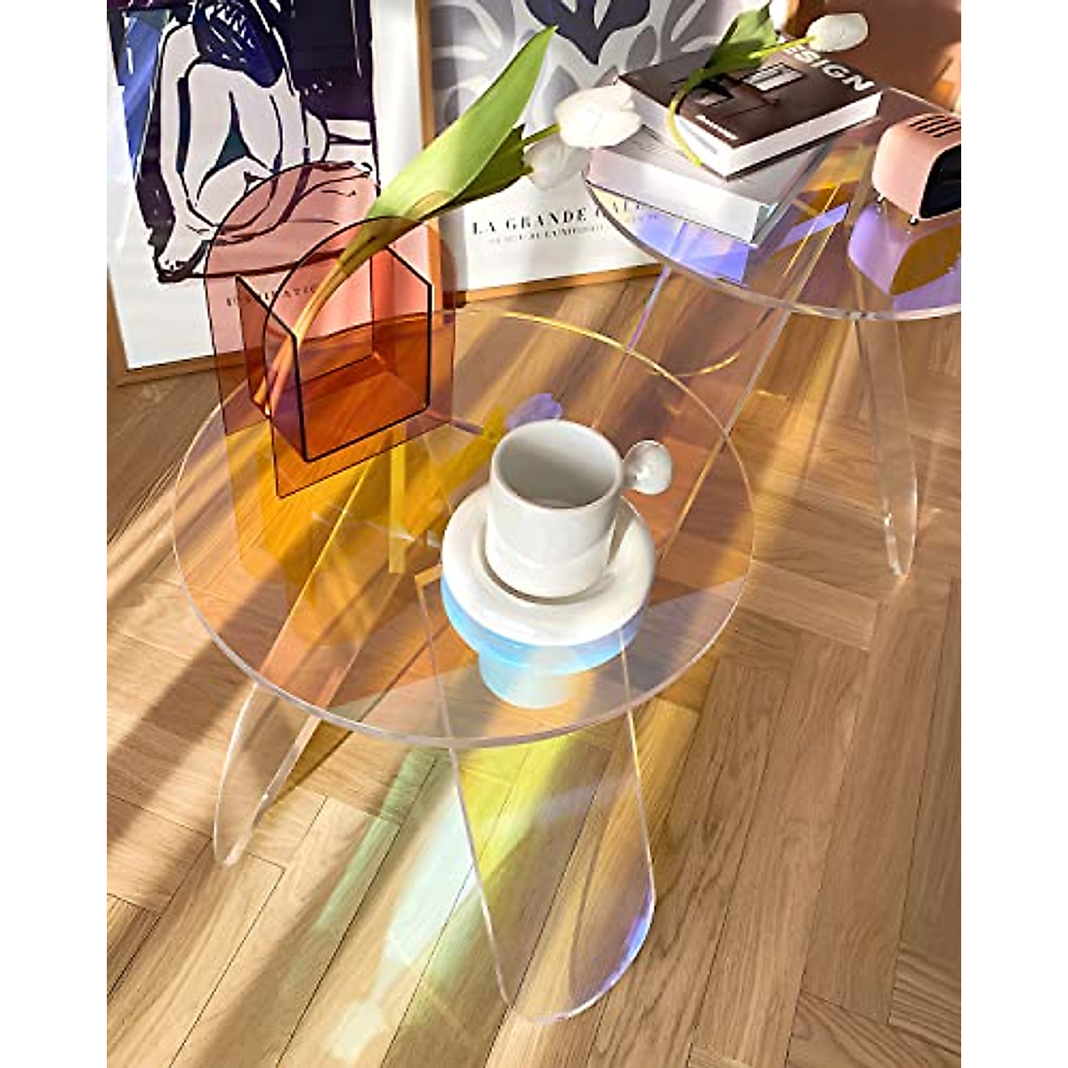 KSacry Acrylic Coffee Tables Modern Accent Night Stand Iridescent Table Coffee Table Side Table Round End Table Modern Chic Desk-Living for Office Home Decor (3 Legs Style, 15.7"L X 15.7"W X 17.7"H)